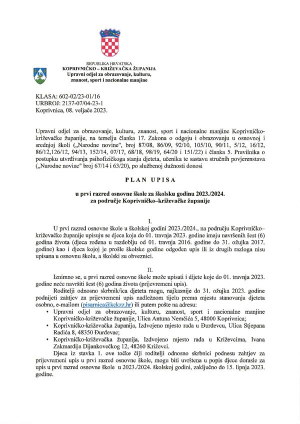 Plan upisa u prvi razred osnovne škole za školsku godinu 2023./2024 ...